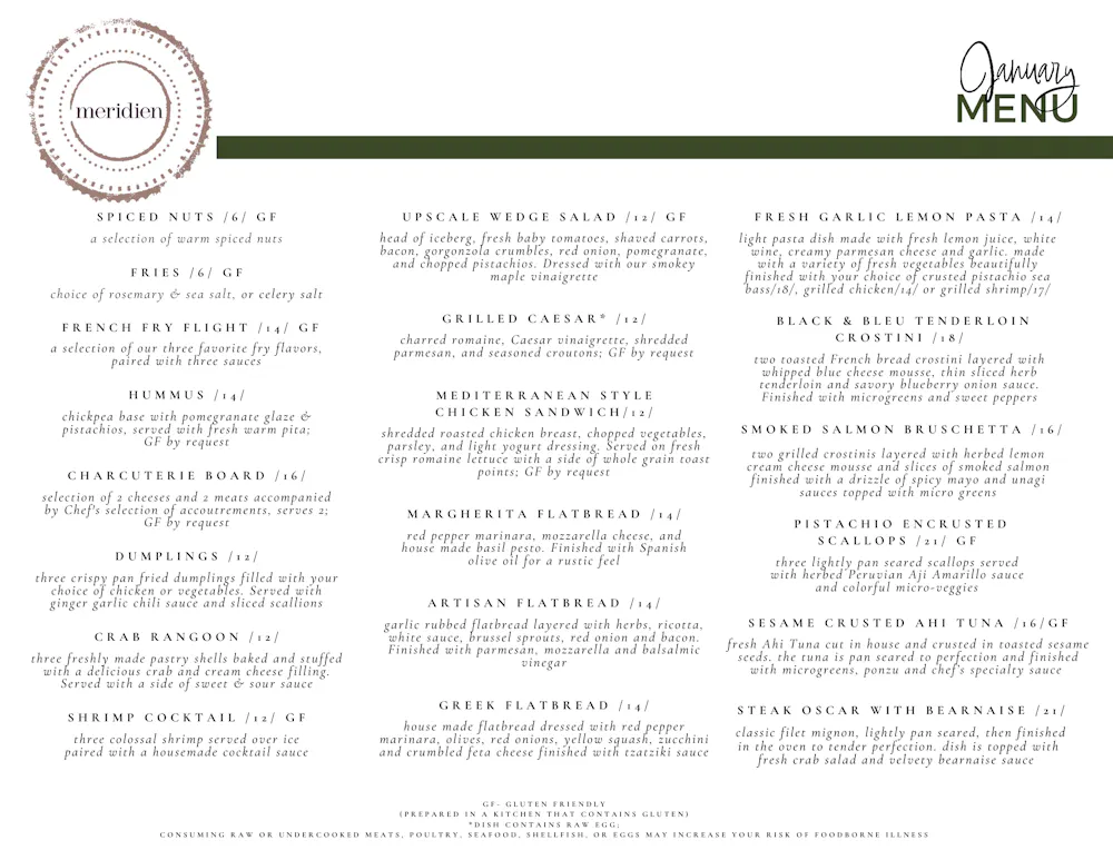 Menus | Meridien in Centerville, OH