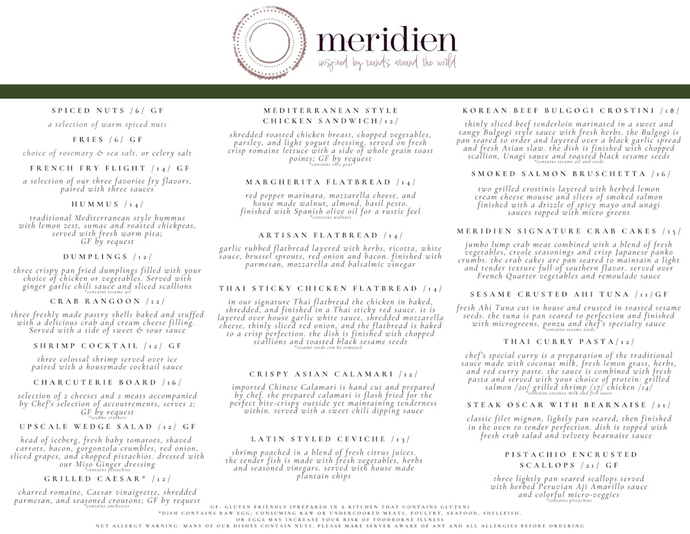 Menus | Meridien in Centerville, OH