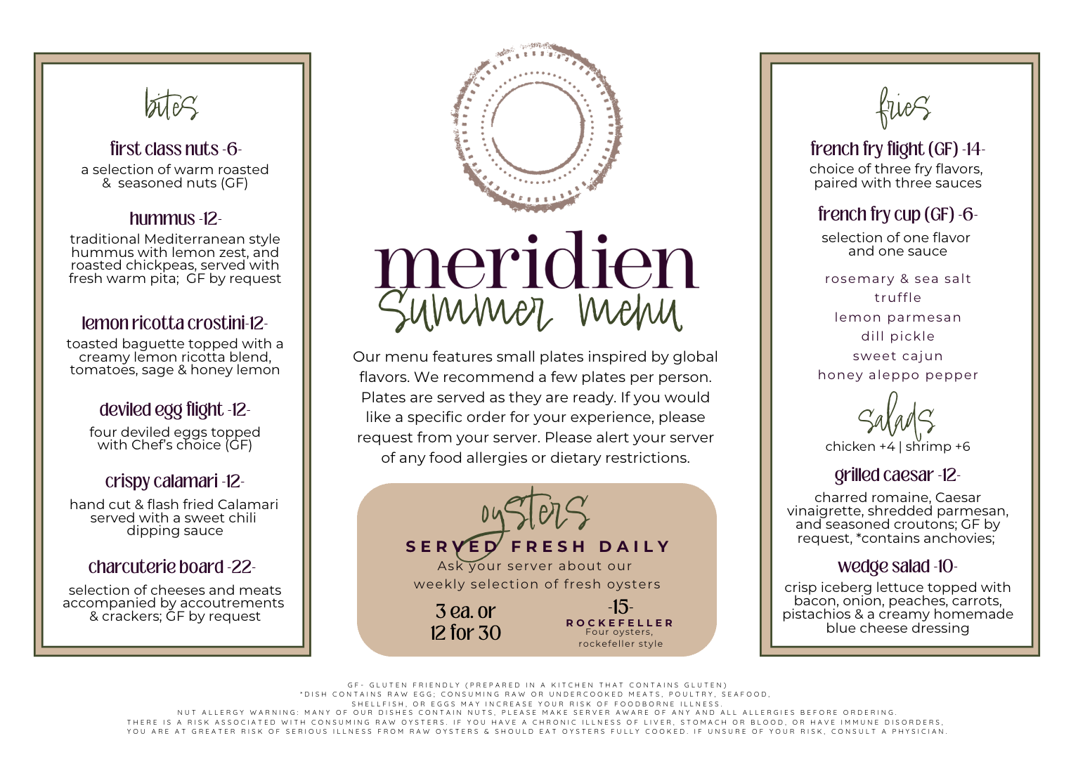 Menus | Meridien in Centerville, OH