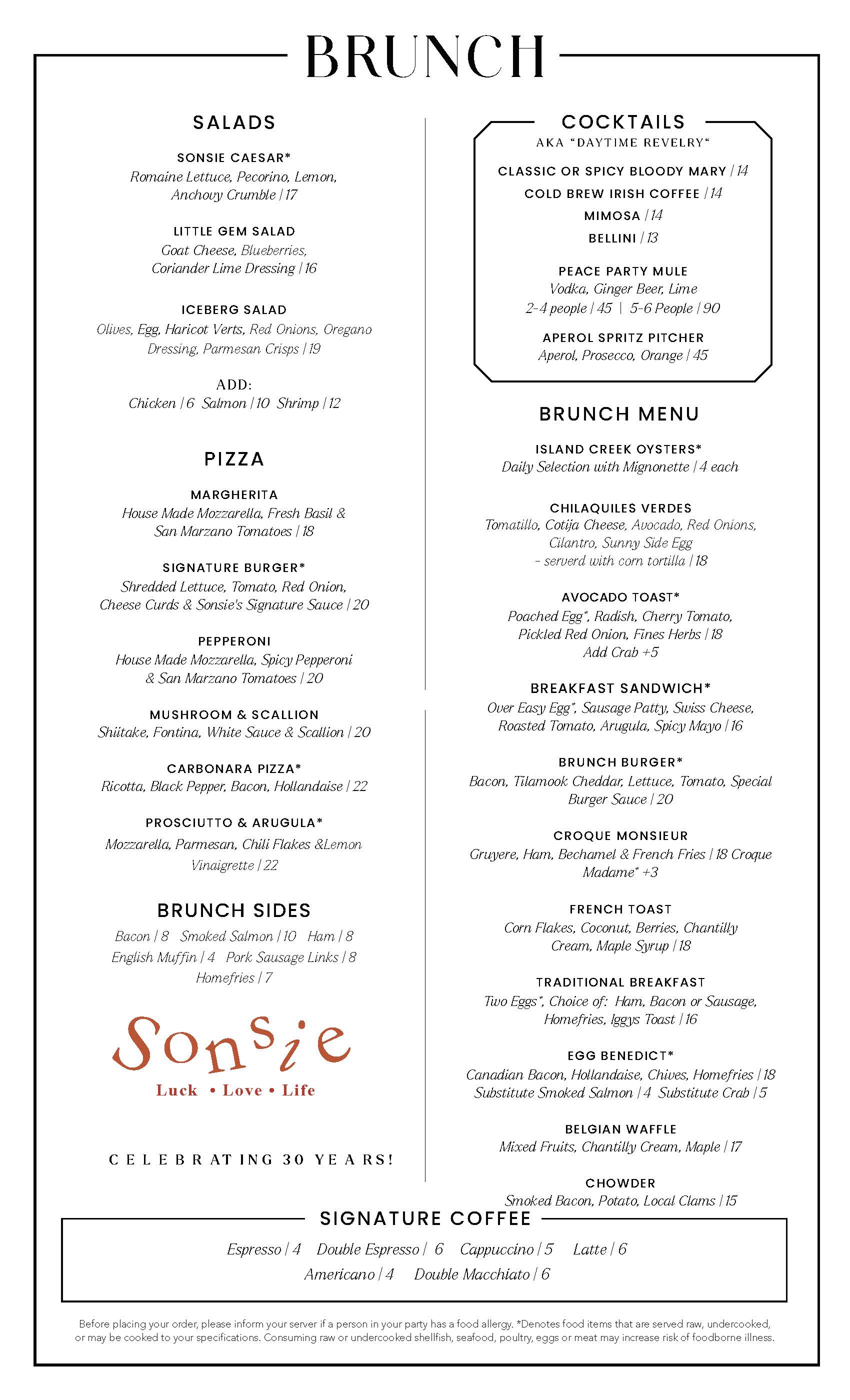 Menus | Sonsie in Boston, MA
