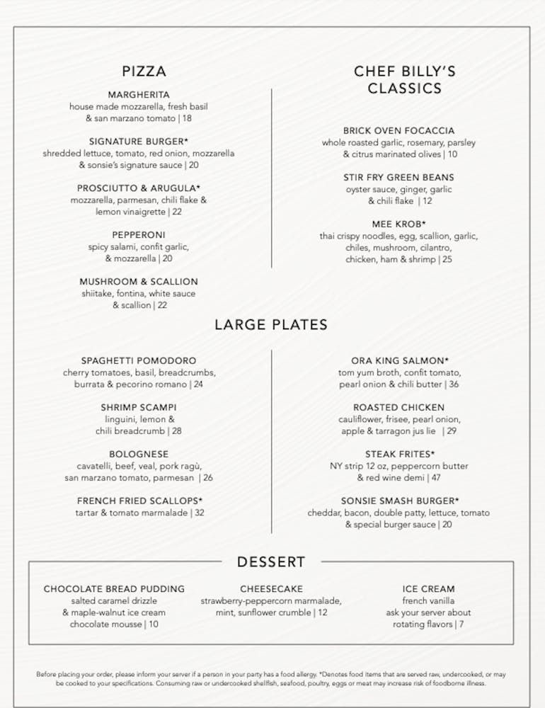 Menus | Sonsie in Boston, MA