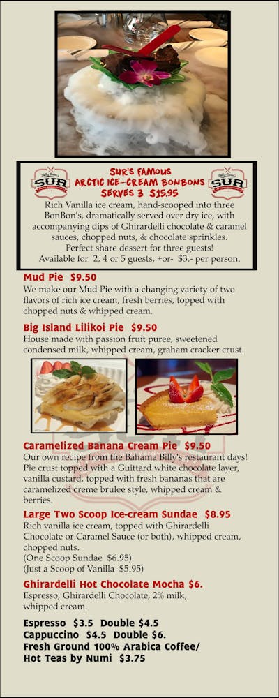 Menus | Sur Carmel in Carmel by the Sea, CA