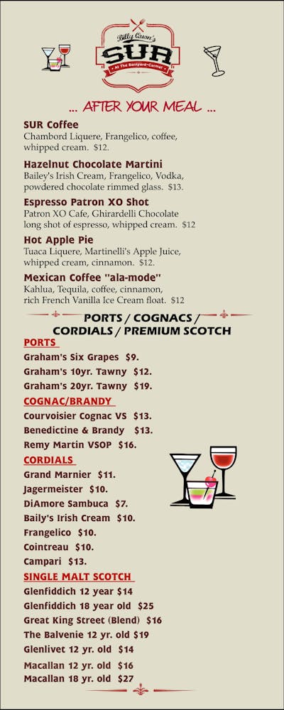 Menus | Sur Carmel in Carmel by the Sea, CA