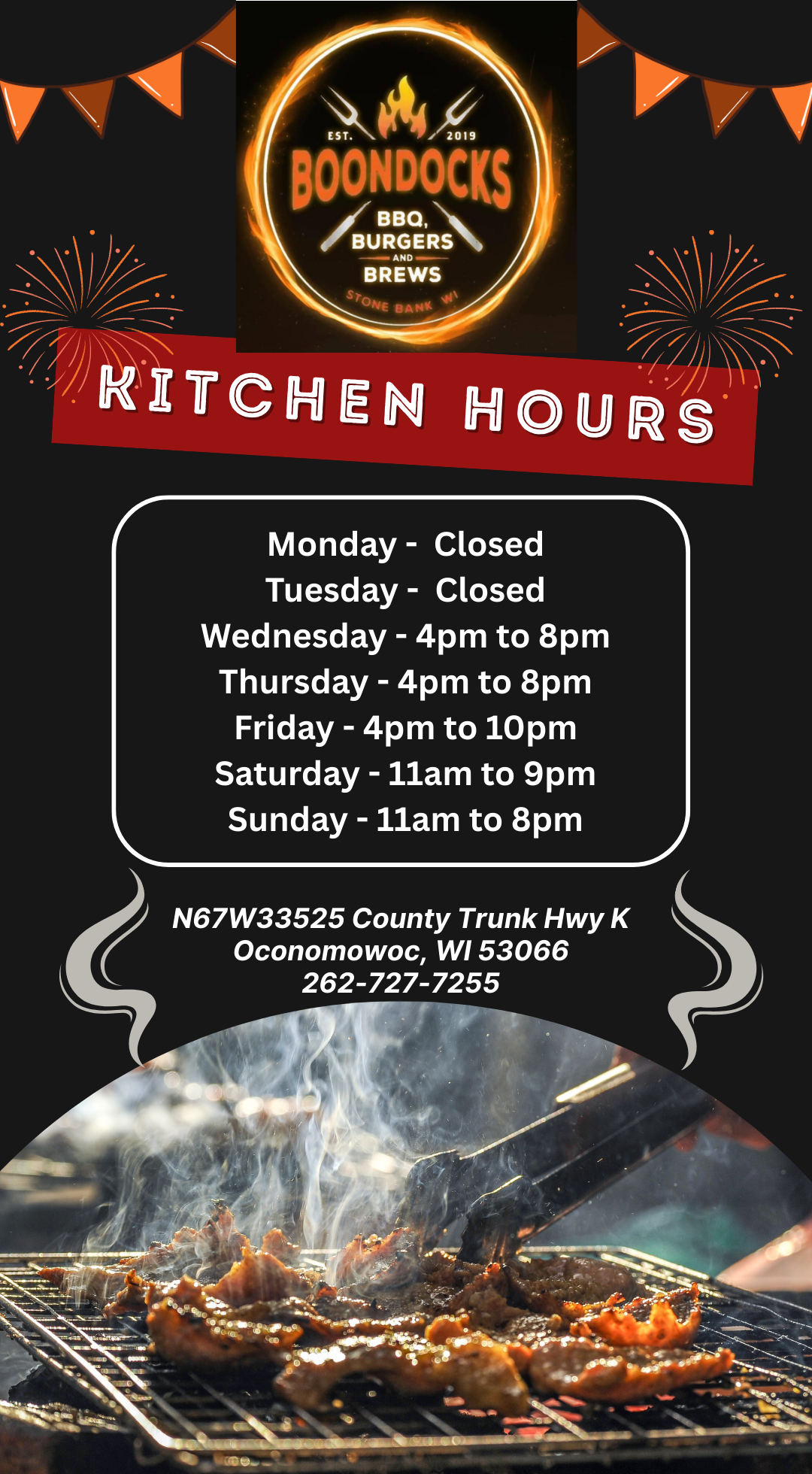 Hours & Location | Boondocks Burgers, BBQ & Brews