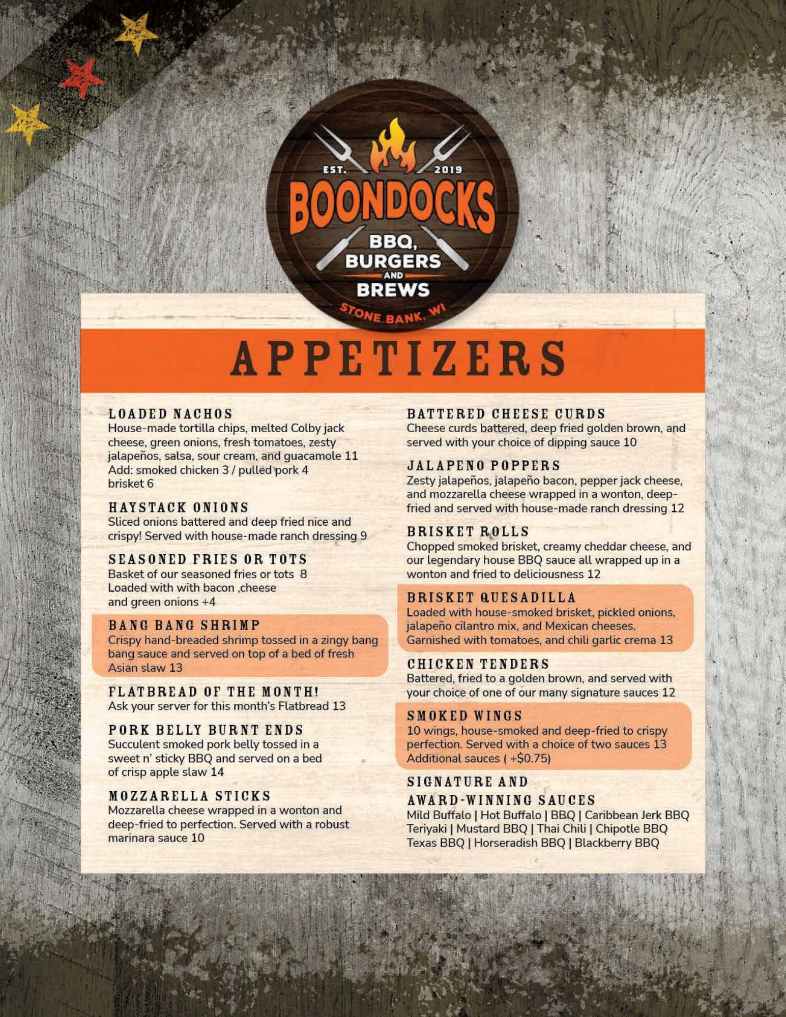 Menus | Boondocks Burgers & BBQ in Oconomowoc, WI