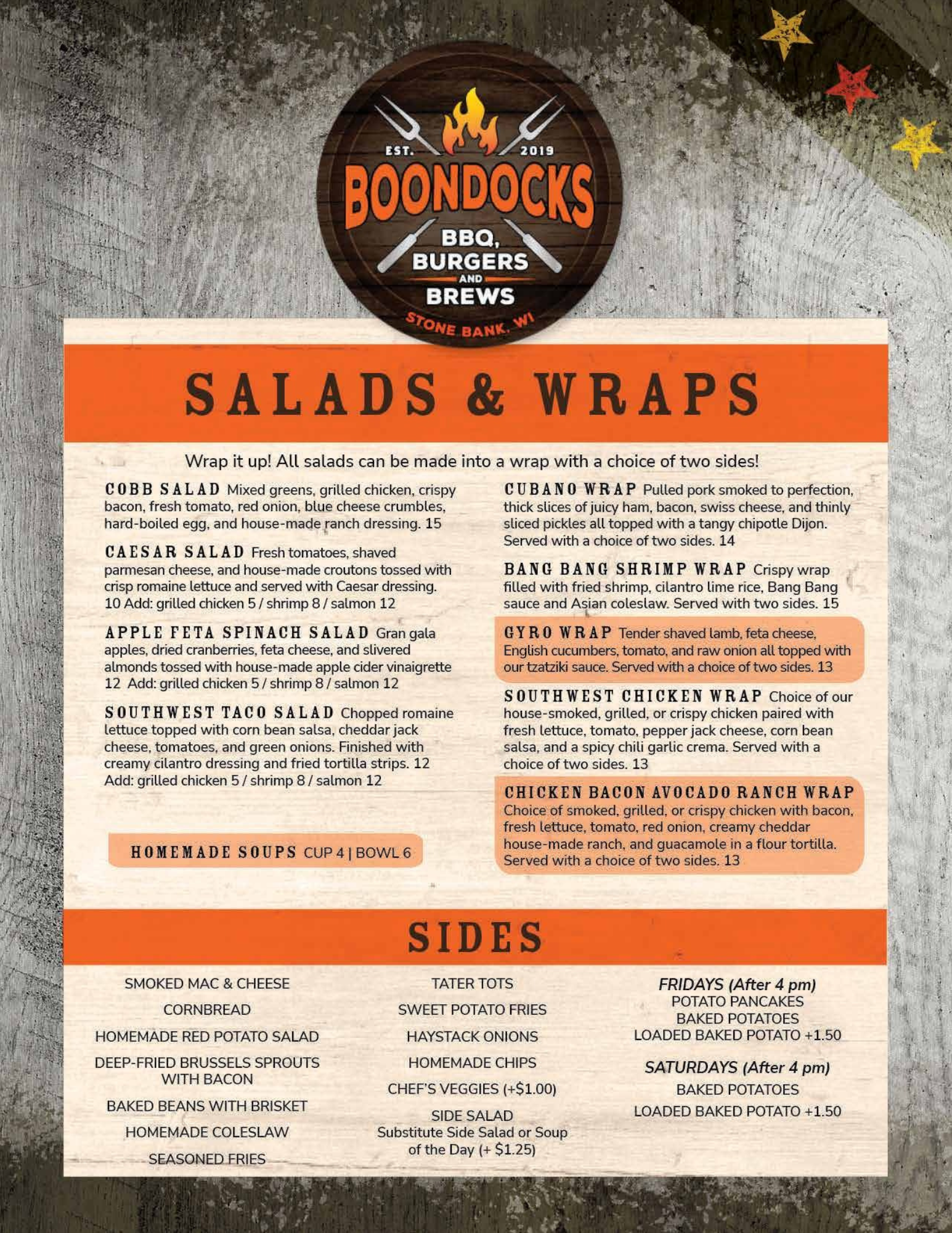 Menus | Boondocks Burgers & BBQ in Oconomowoc, WI