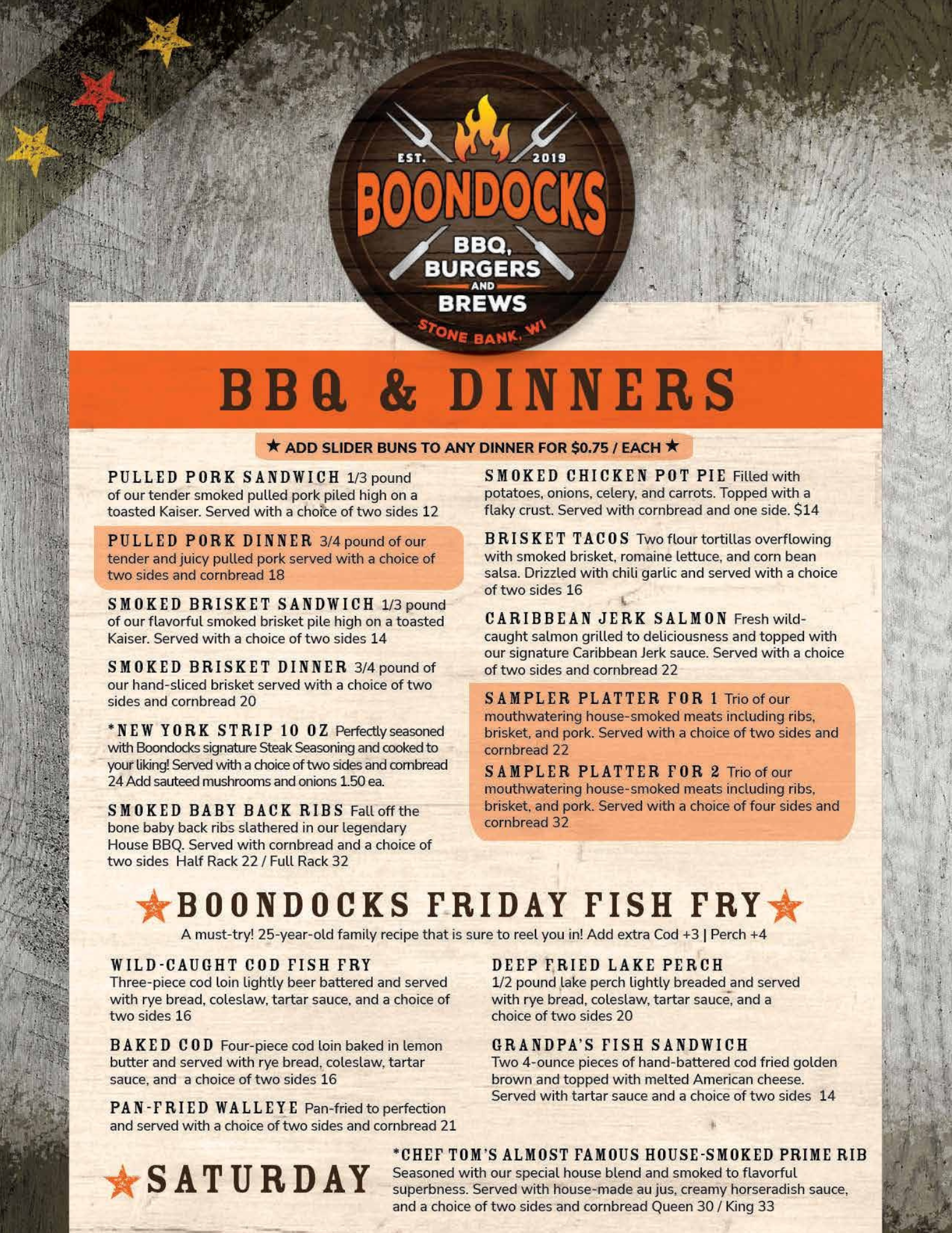 Menus | Boondocks Burgers & BBQ in Oconomowoc, WI