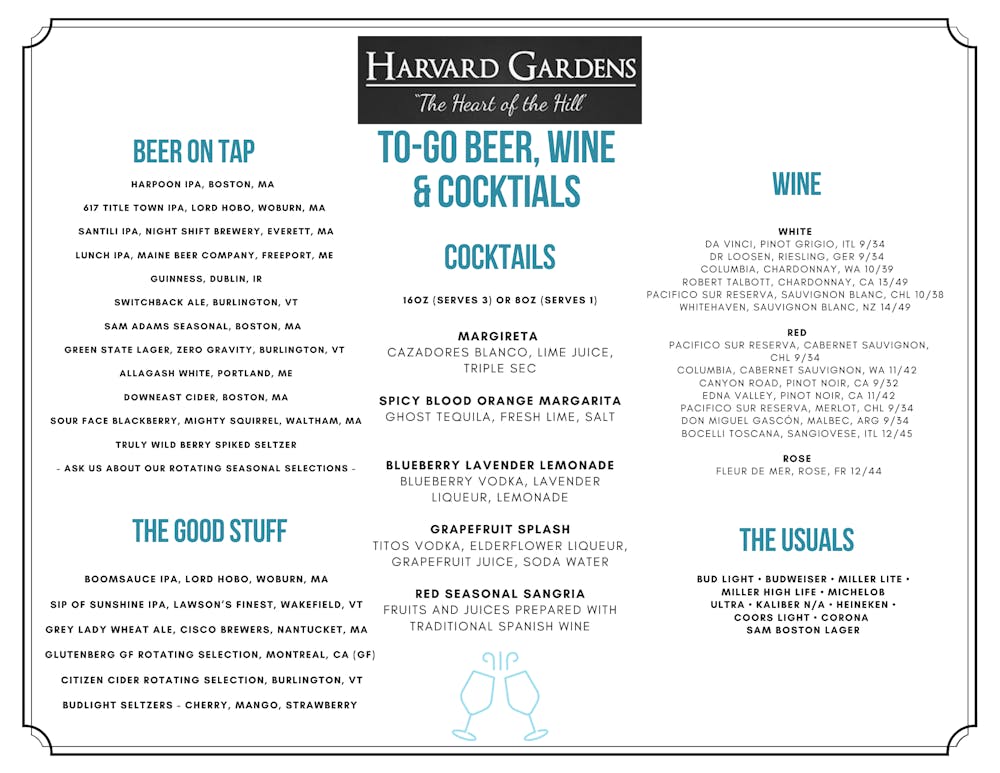 Menus | Harvard Gardens in Boston, MA