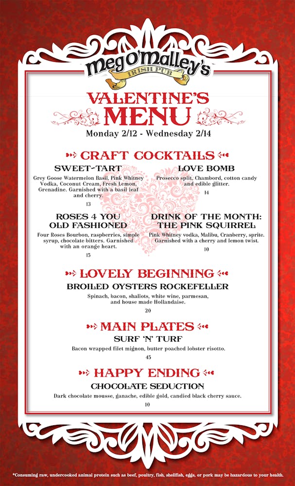 Meg's 2024 Valentine's Special Menu | Meg O'Malley's