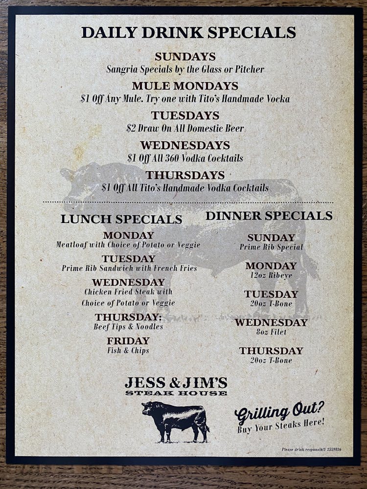 Menus | Jess and Jim's in Kansas City, MD