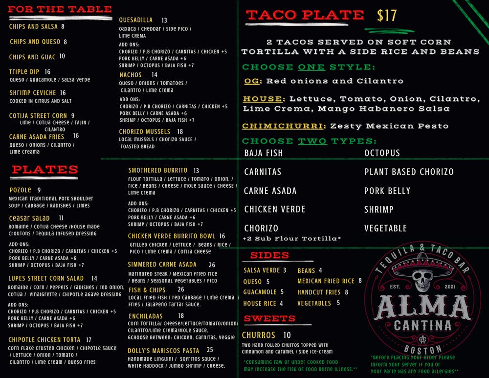 Menus | Alma Cantina in Boston, MA