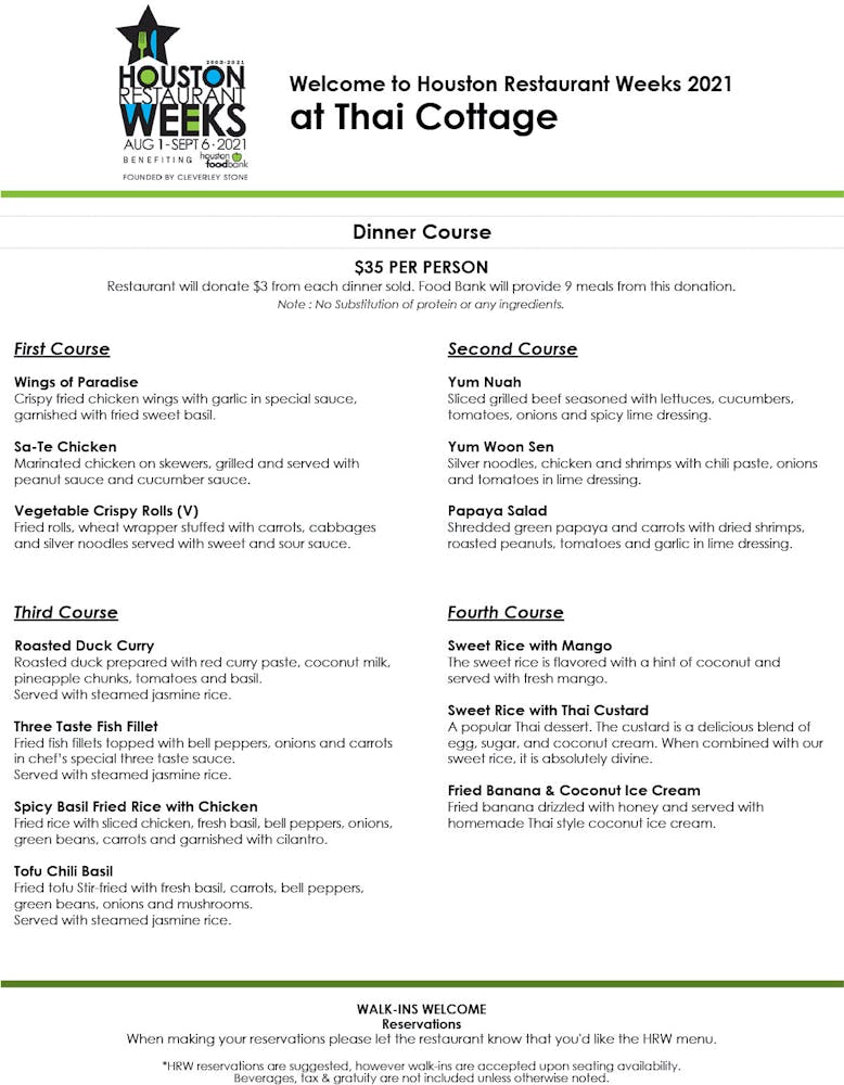 Menus | Thai Cottage in Bellaire, TX