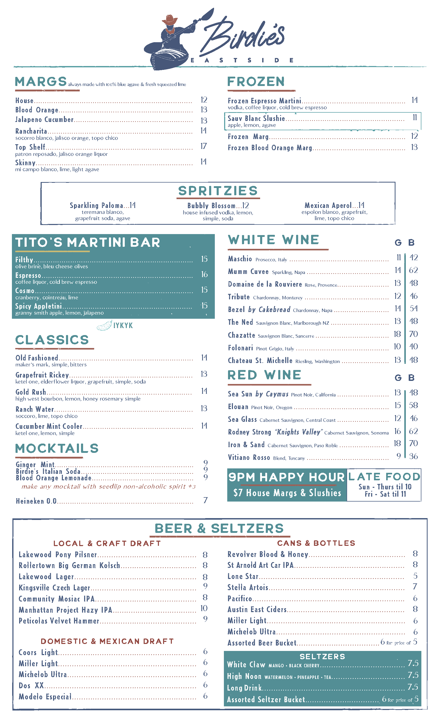 Menus | Birdies Eastside in Dallas, TX