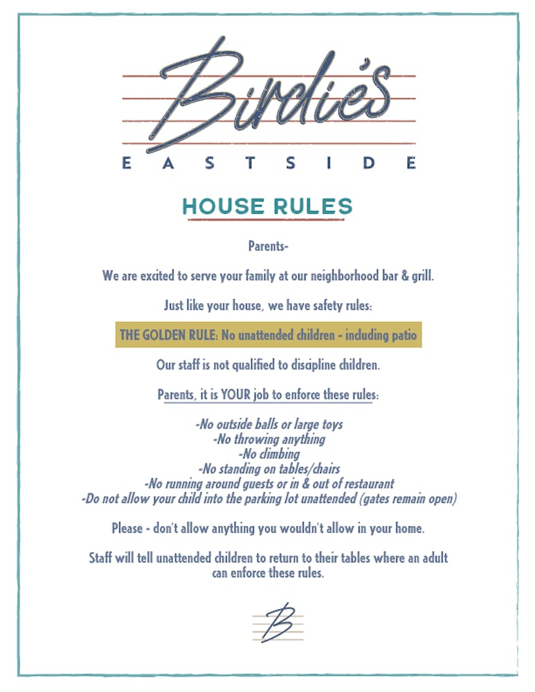 Menus | Birdies Eastside in Dallas, TX