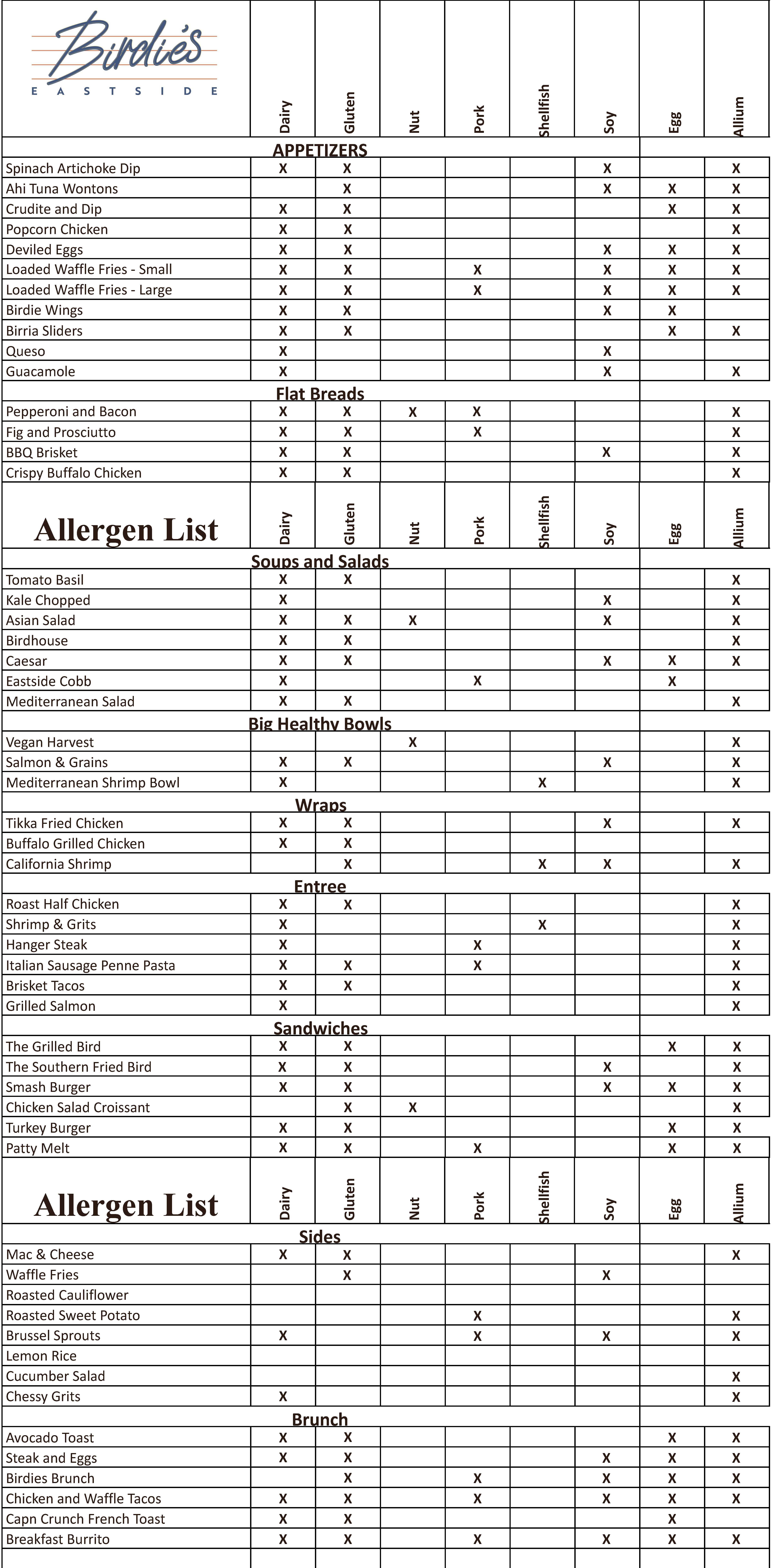 Menus | Birdies Eastside in Dallas, TX