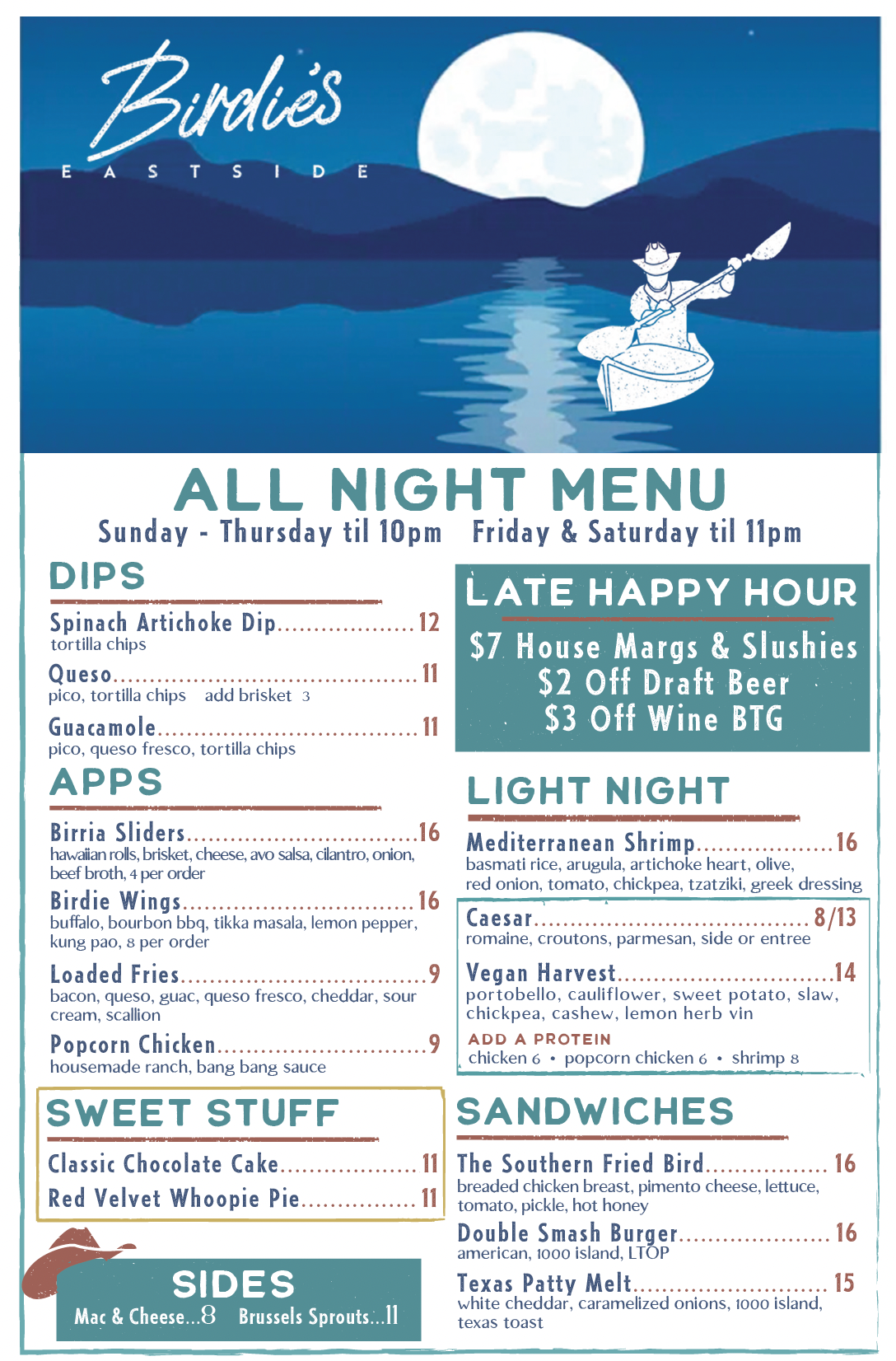 Menus | Birdies Eastside in Dallas, TX