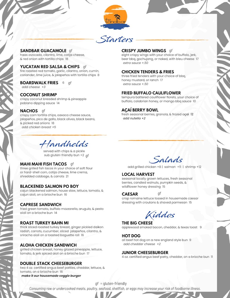 Menus | The Sandbar Village