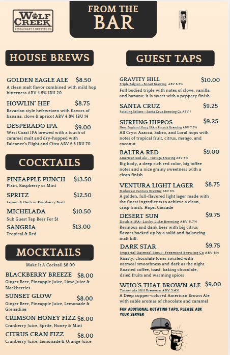 Menus | Wolf Creek Restaurant in Valencia, CA