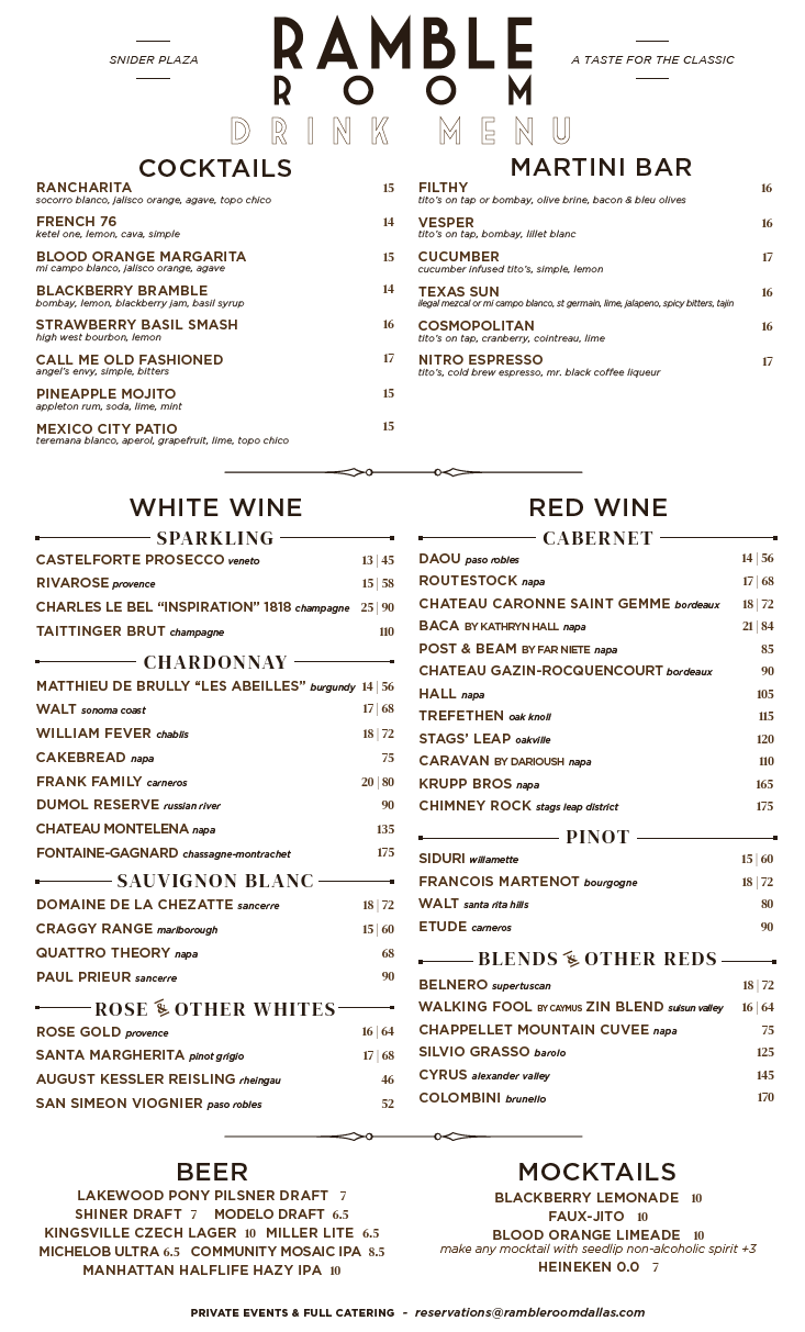 Menus | Ramble Room in Dallas, TX