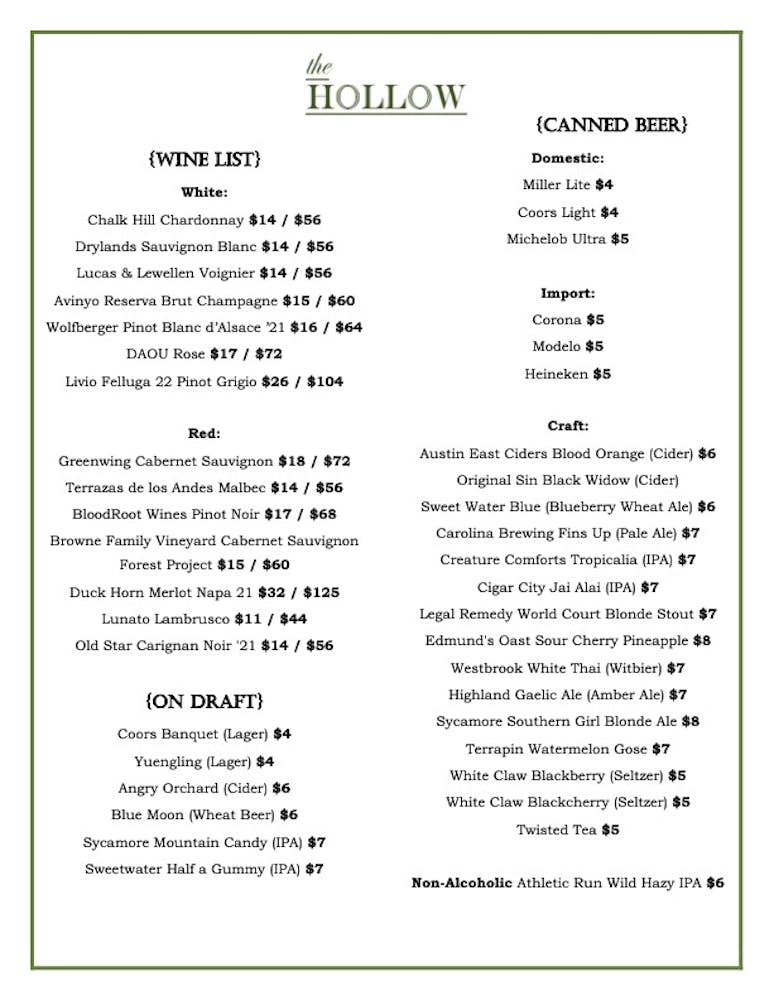 Menus | The Hollow in Columbia, SC
