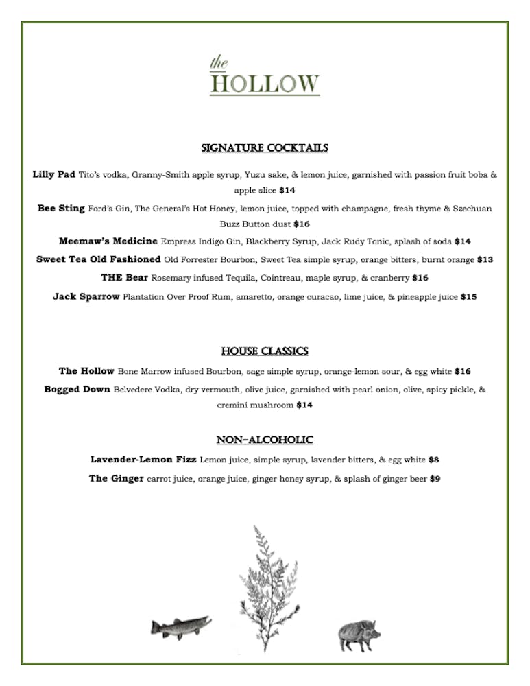 Menus | The Hollow in Columbia, SC