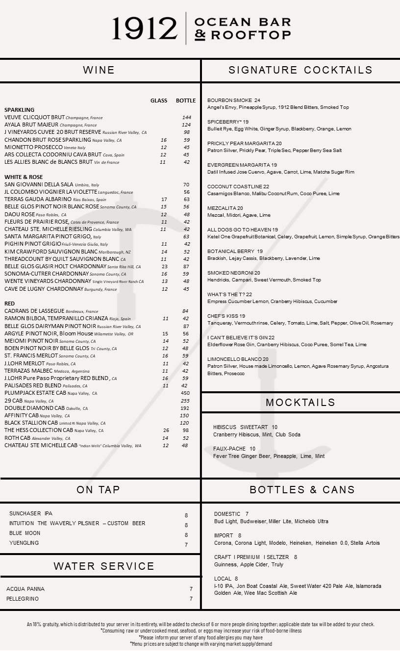 Menus | 1912 Ocean Bar & Rooftop in Ponte Vedra Beach, FL