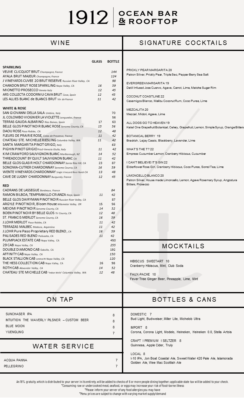 Menus | 1912 Ocean Bar & Rooftop in Ponte Vedra Beach, FL