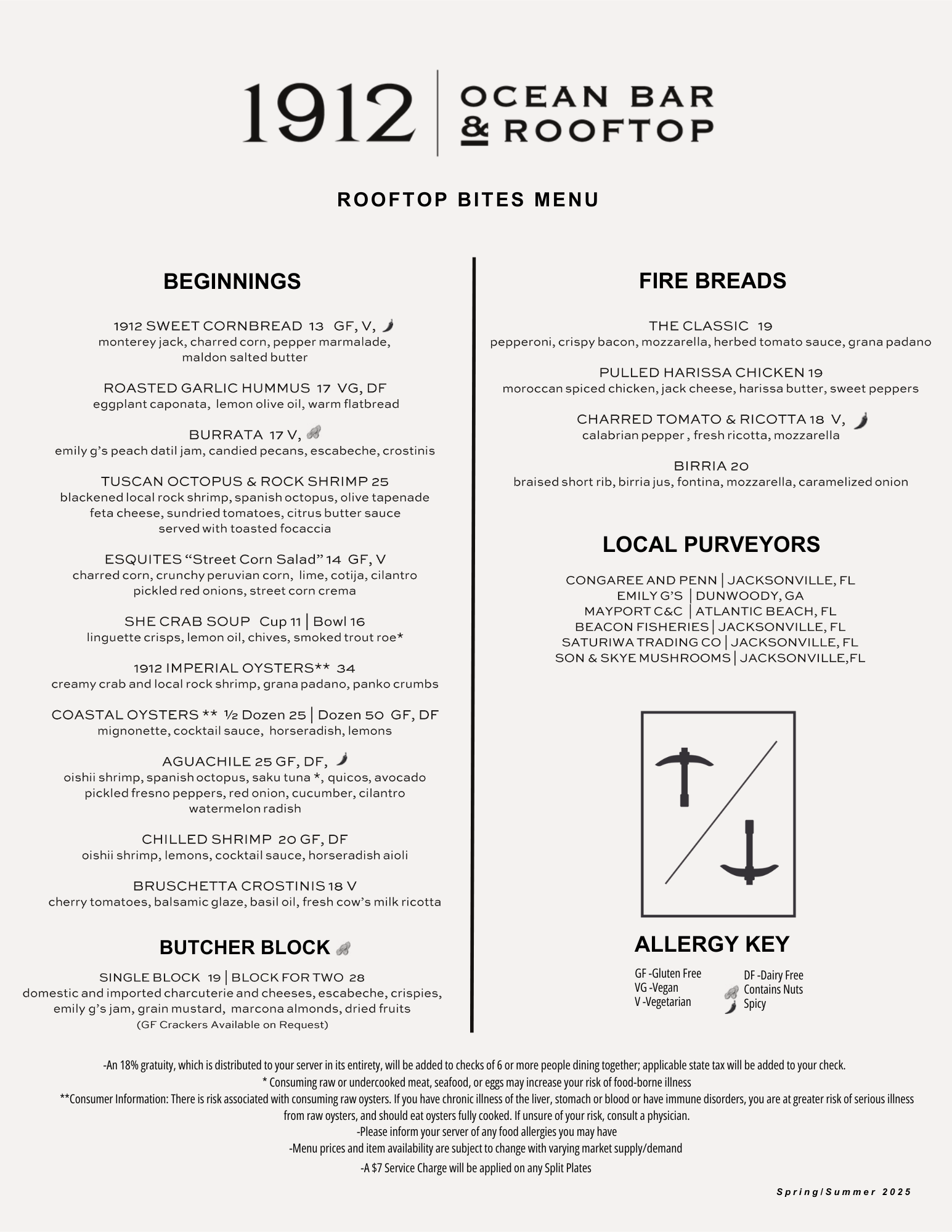 Menus | 1912 Ocean Bar & Rooftop in Ponte Vedra Beach, FL