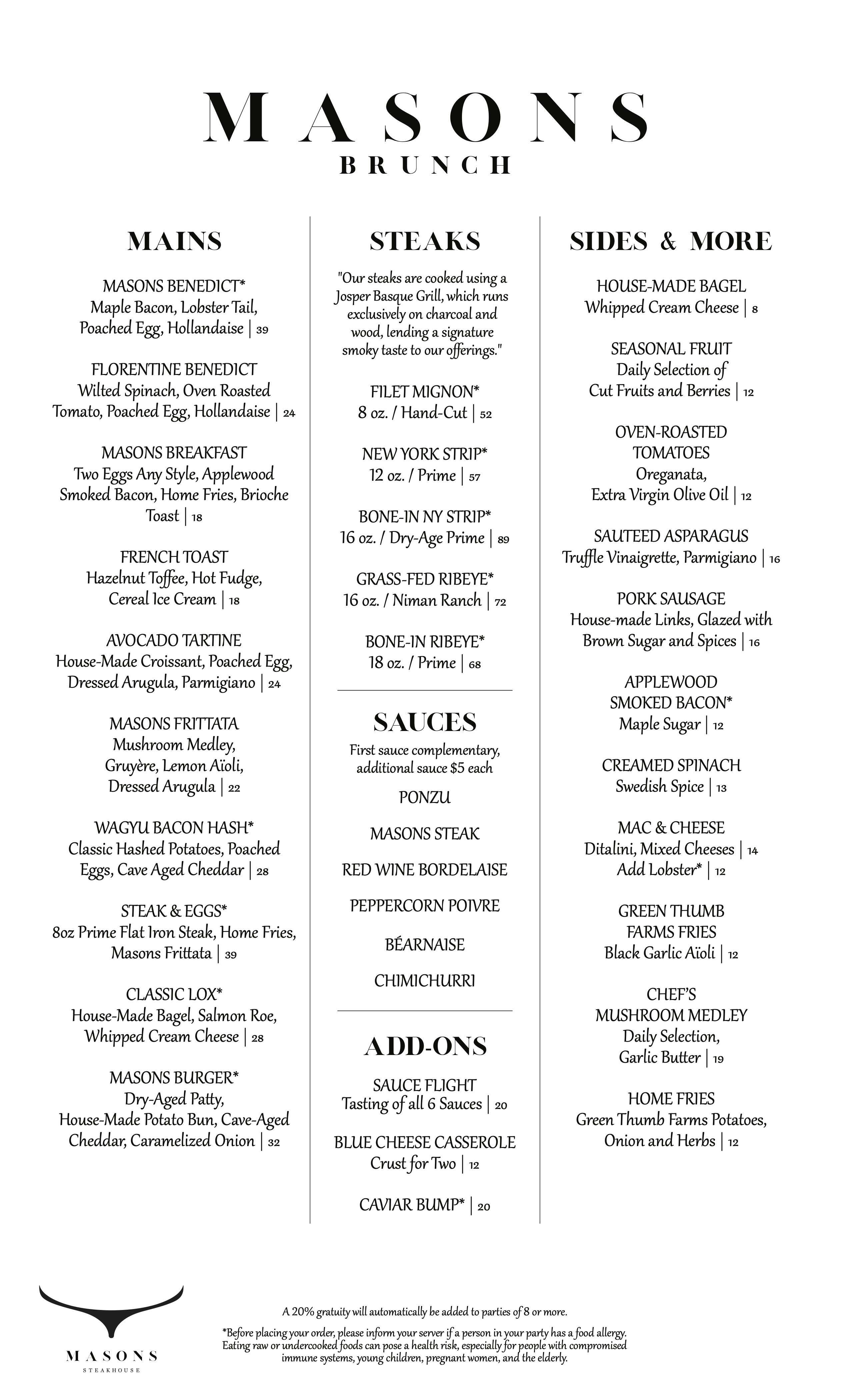 Menu | Masons Steakhouse | Quincy, Ma