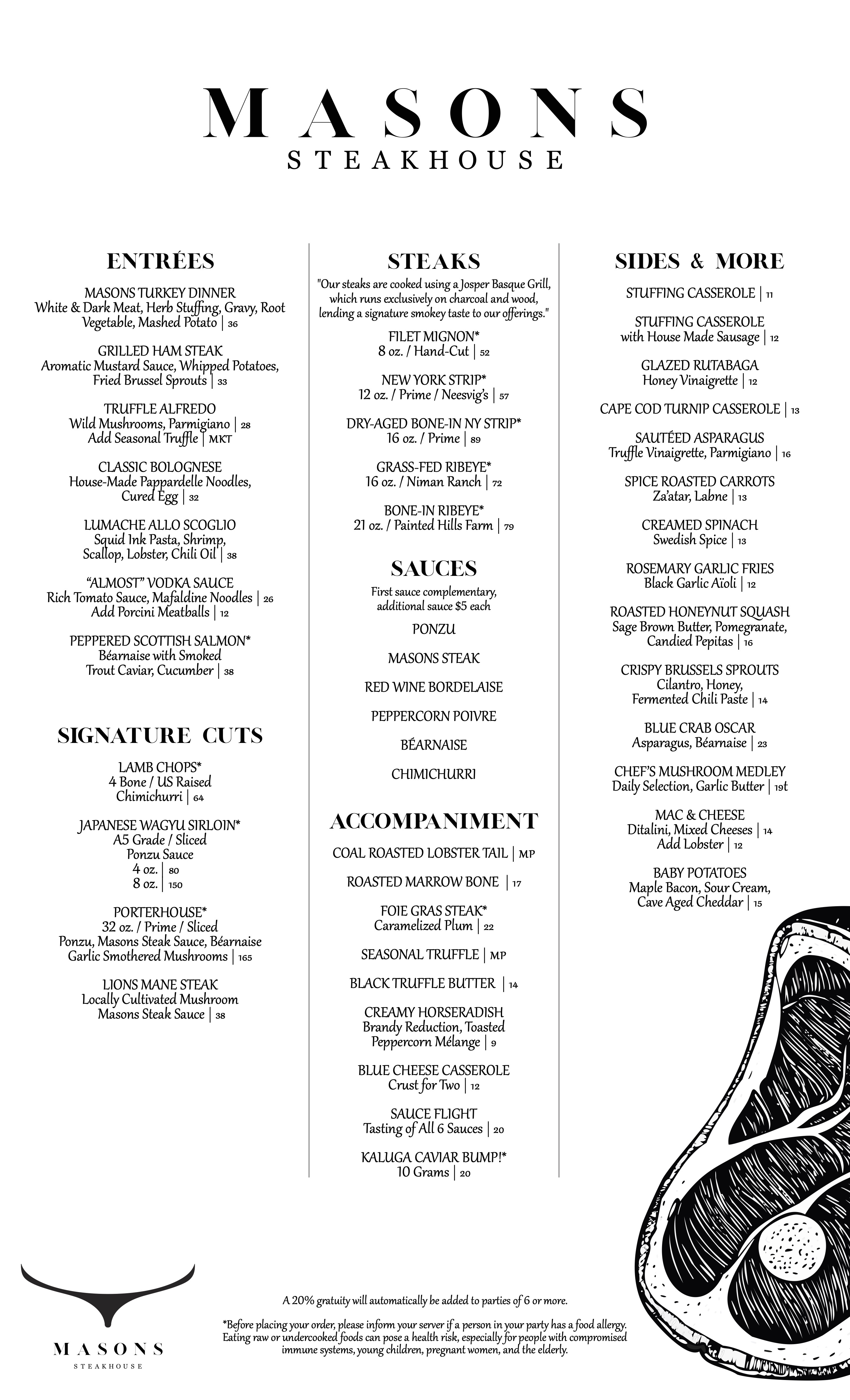 Menu | Masons Steakhouse | Quincy, Ma