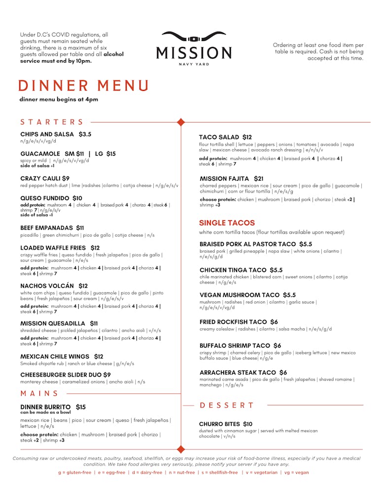 Menus | Mission Navy Yard in Washington, DC