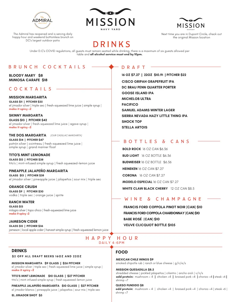 Menus | Mission Navy Yard in Washington, DC