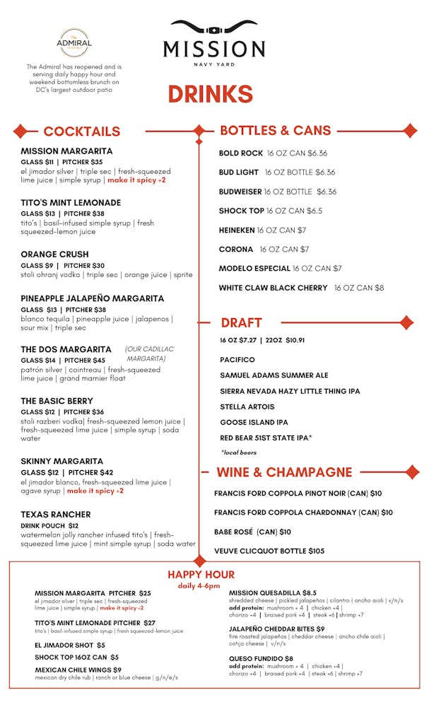 Menus | Mission Navy Yard in Washington, DC