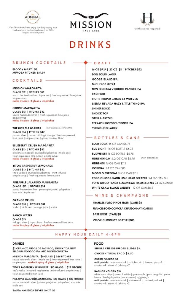 Menus | Mission Navy Yard in Washington, DC