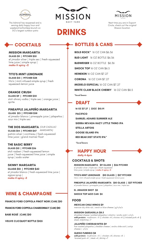 Menus | Mission Navy Yard in Washington, DC