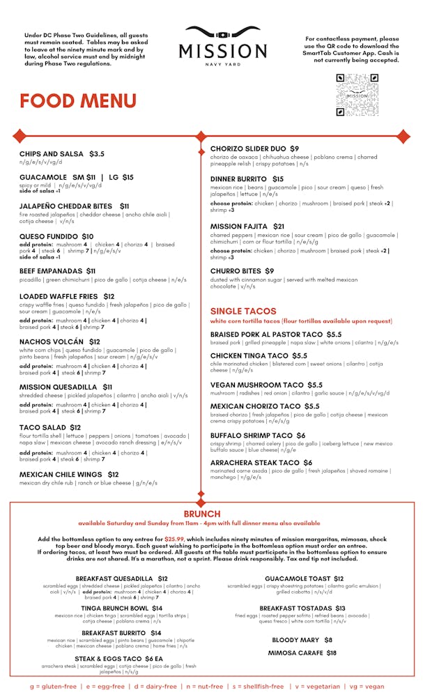 Menus | Mission Navy Yard in Washington, DC