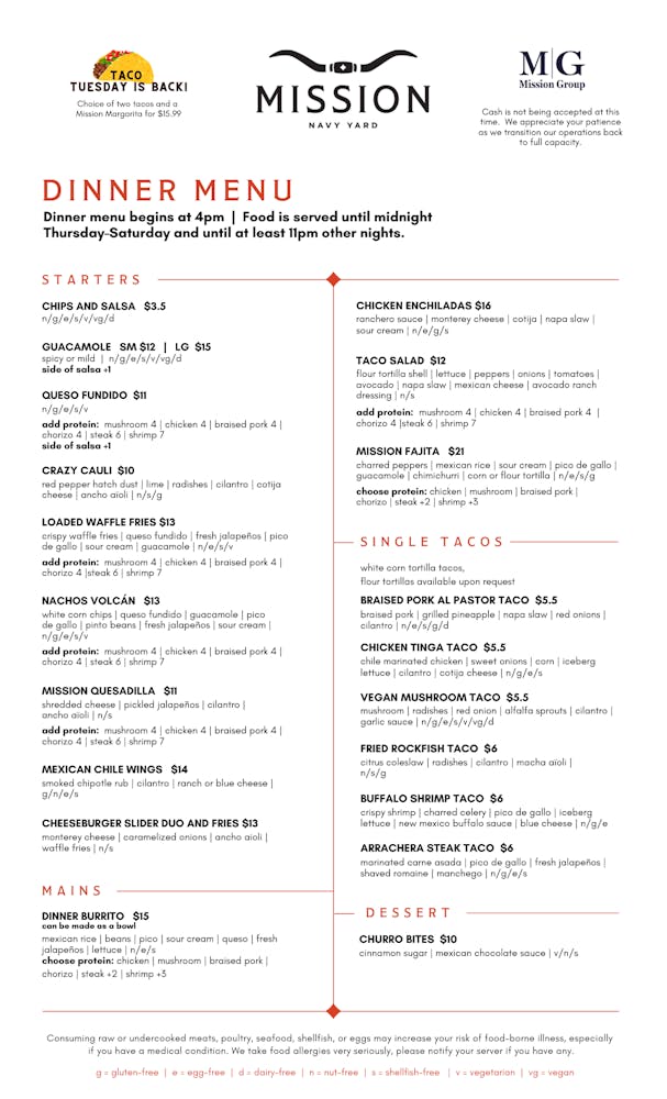 Menus | Mission Navy Yard in Washington, DC