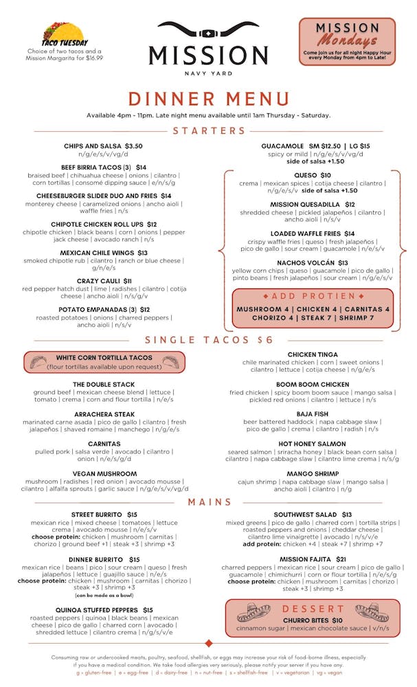Menus | Mission Navy Yard in Washington, DC