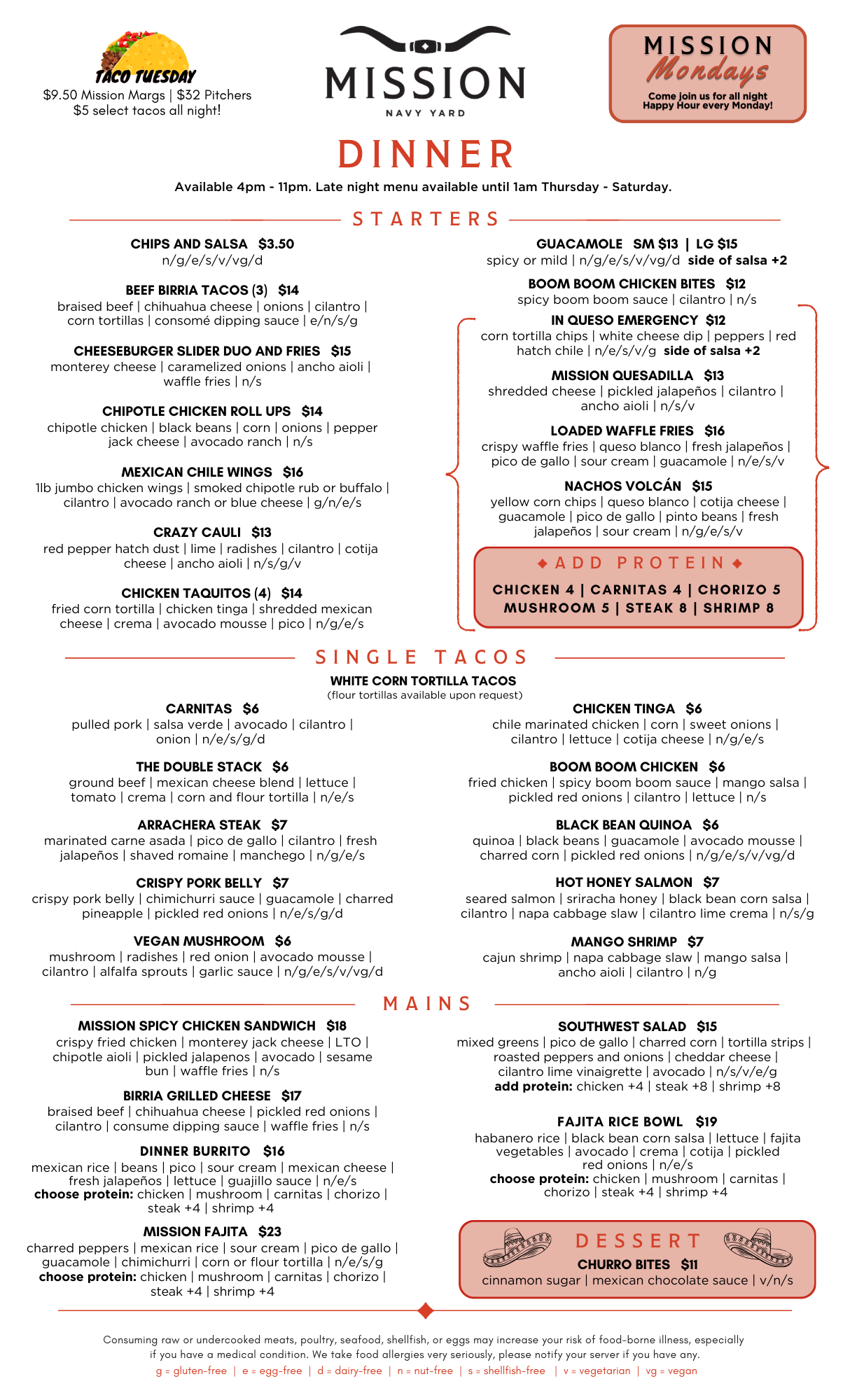 Menus | Mission Navy Yard in Washington, DC