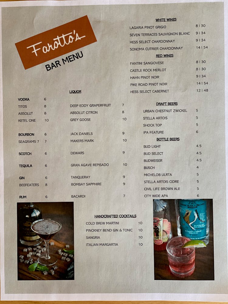 Menus | Farotto's Pasta and Pizzeria in Rock Hill, MO