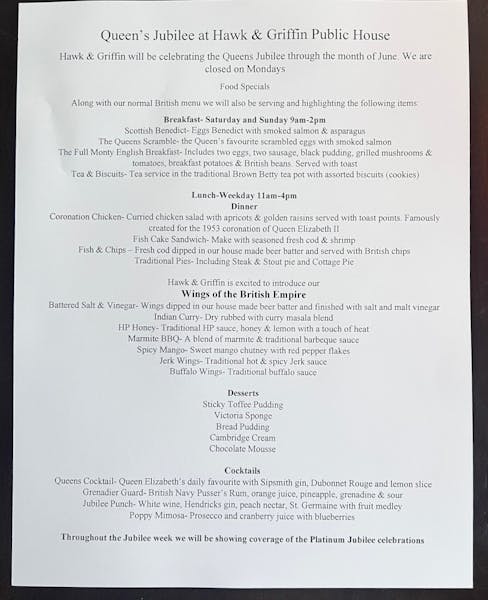 Menus | Hawk and Griffin in Vienna, VA