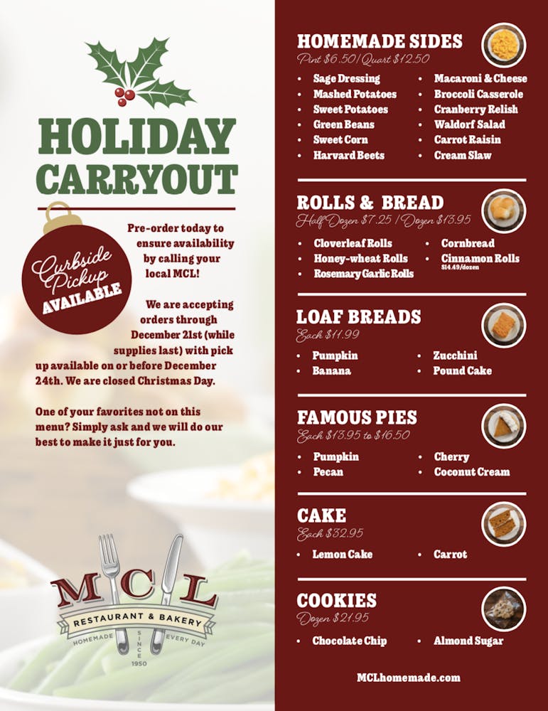 Holiday Carryout Family Meals | MCL Restaurant & Bakery