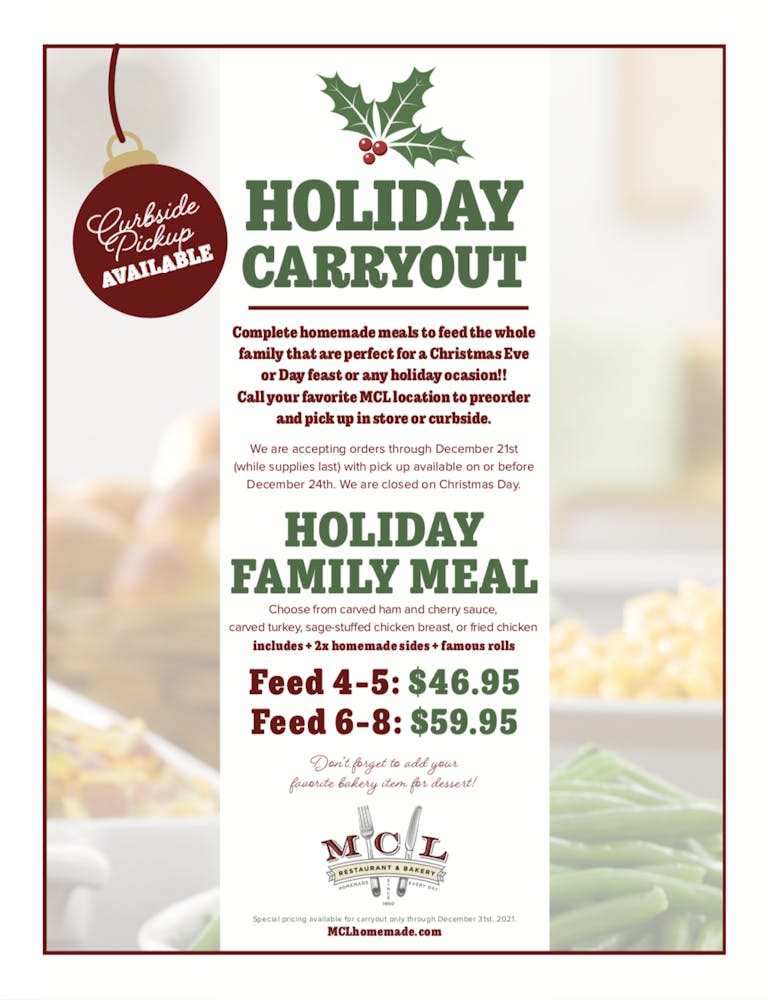 Holiday Carryout Family Meals | MCL Restaurant & Bakery