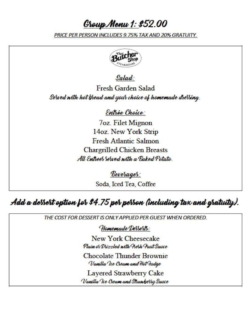 Menus | The Butcher Shop