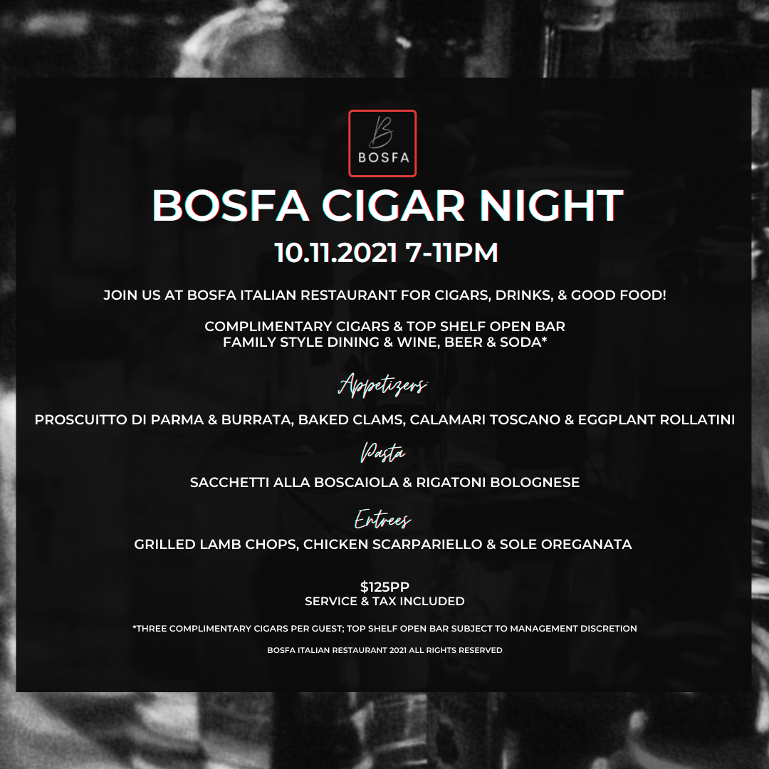 Bosfa Cigar Night 2021 Menu | Bosfa Italian Restaurant | Authentic ...
