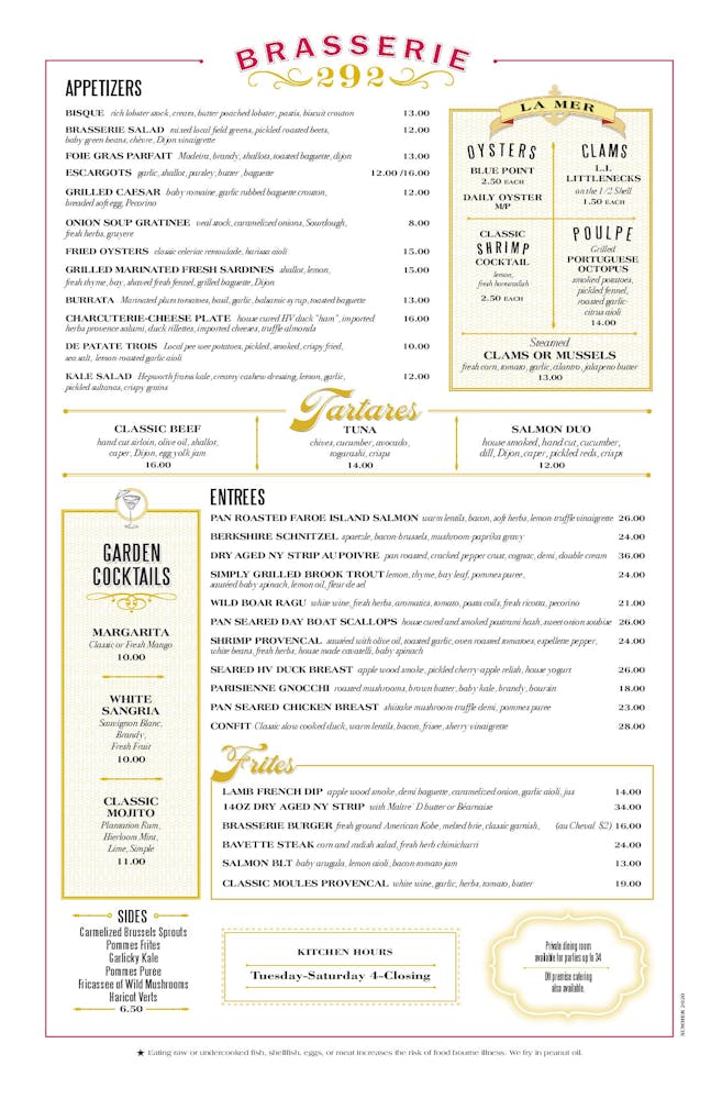Menus | Brasserie 292