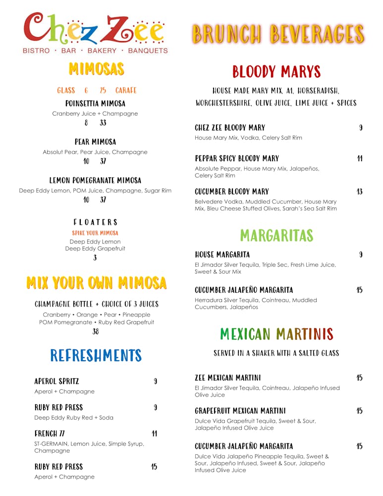 Menus | Chez Zee in Austin, TX