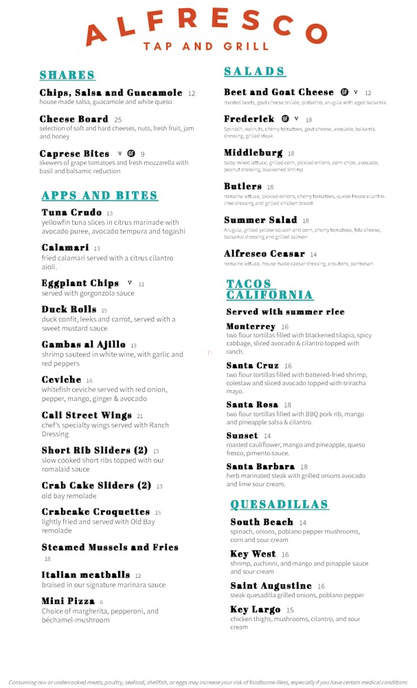 Menus | Alfresco Tap and Grill in Washington, DC