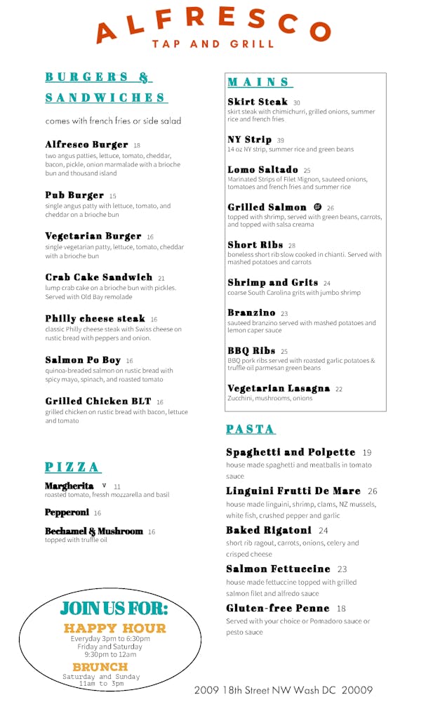 Menus | Alfresco Tap and Grill in Washington, DC
