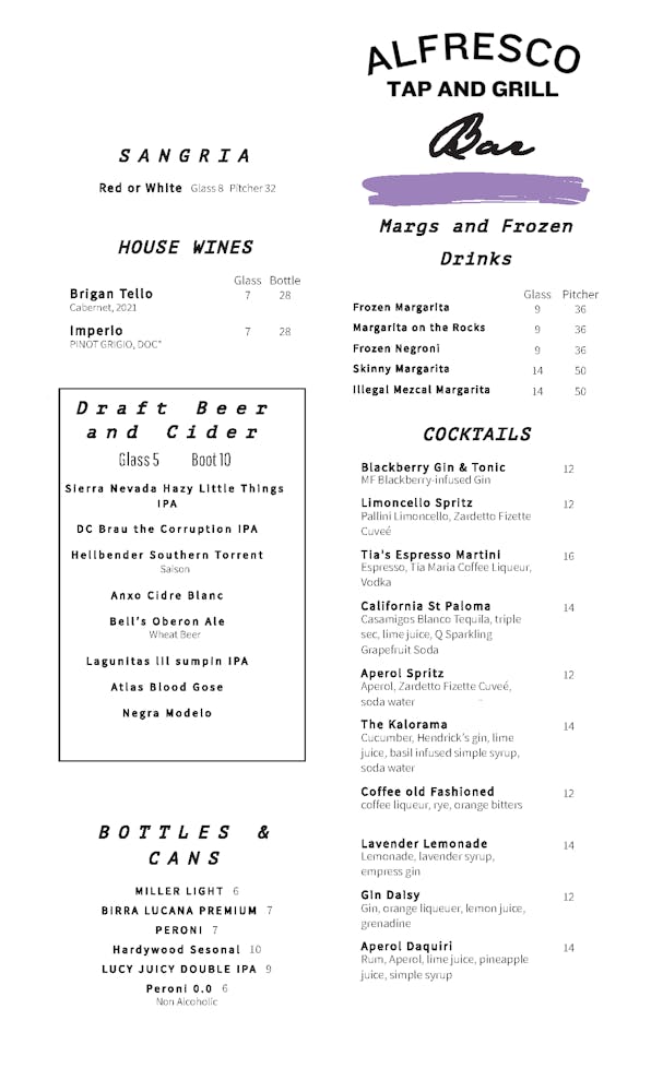 Menus | Alfresco Tap and Grill in Washington, DC